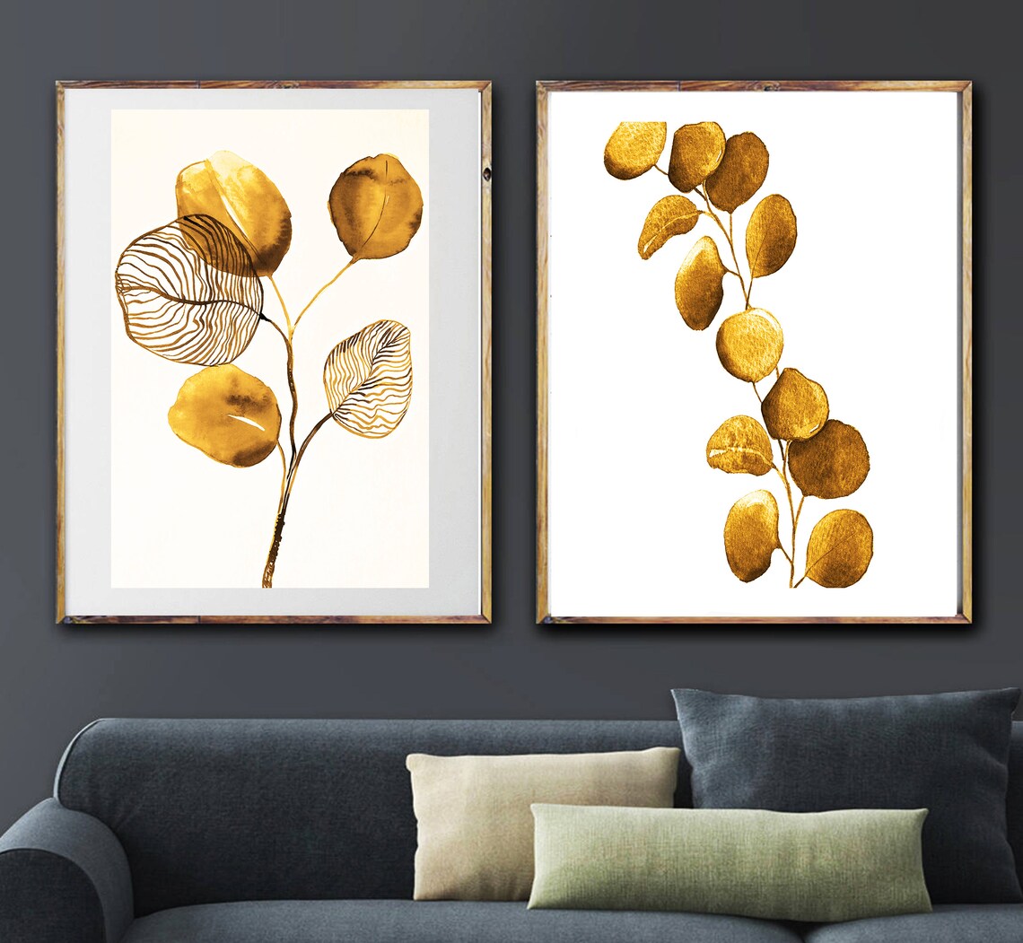 Mustard Yellow Botanical Eucalyptus Print Set Silver Dollar | Etsy