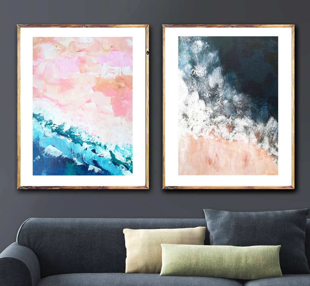 Blush Pink Nautical Print Set, Navy Ocean Art, Navy Blue Wall Art ...