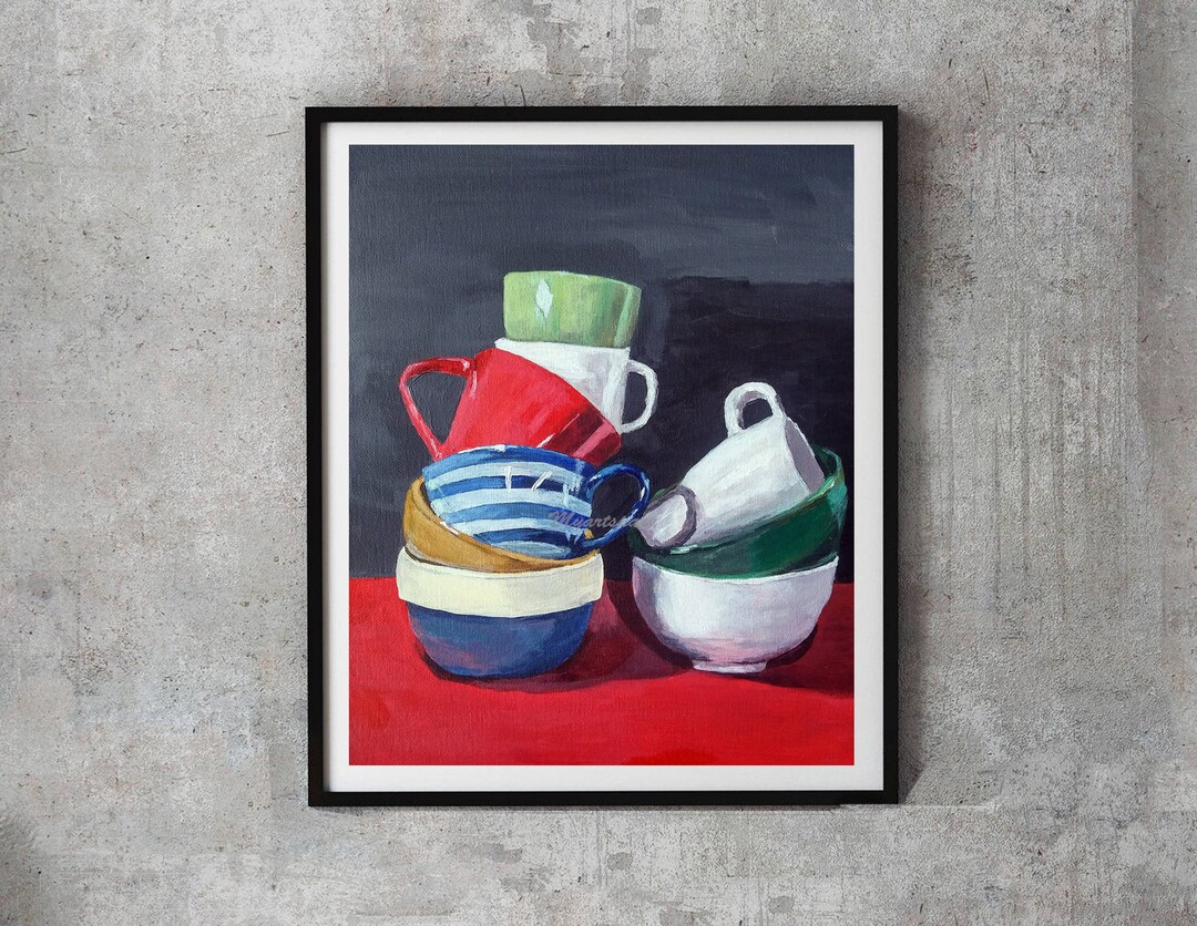 Tea Cups Art Print, Gift for Mom, Colourful Cups Wall Art, Coffee Cups ...