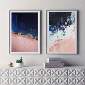 Blush Pink Navy Abstracts Set of 2, Beach Wall Decor, Nautical Style ...