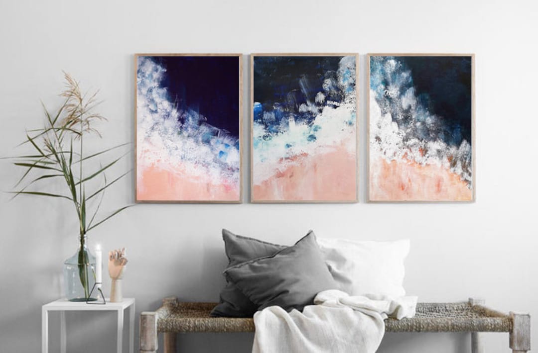 Blush Pink Navy Nautical Set of 3, Navy Blue Abstracts, Ocean Art ...