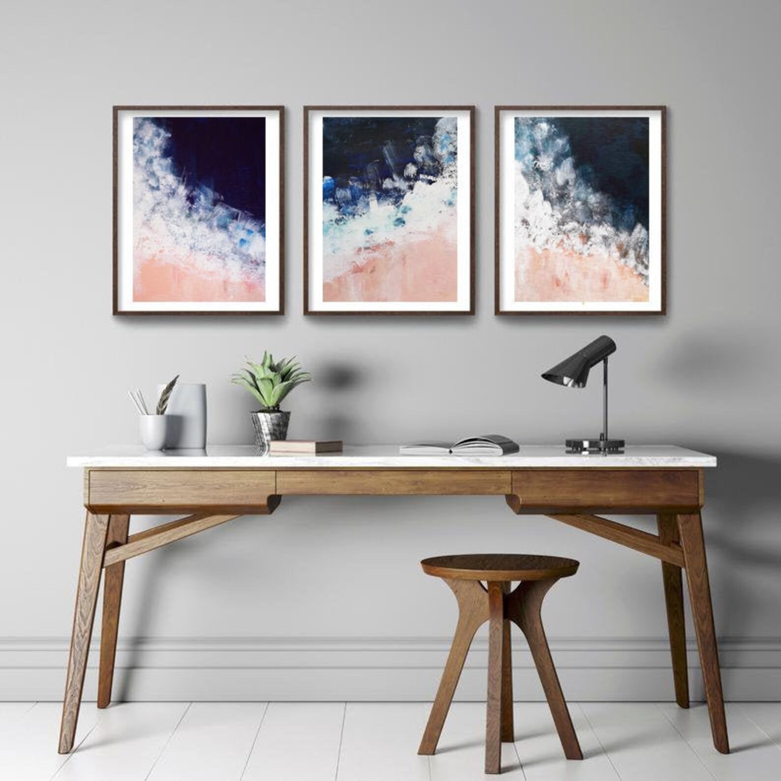 Blush Pink Navy Nautical Set of 3, Navy Blue Abstracts, Ocean Art ...