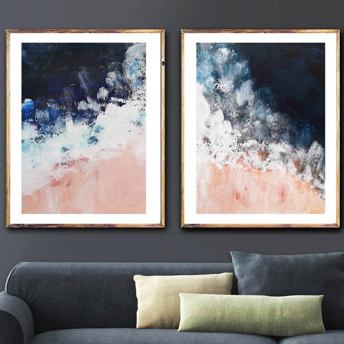 Blush Pink Nautical Print Set Navy Ocean Art Navy Blue Wall - Etsy