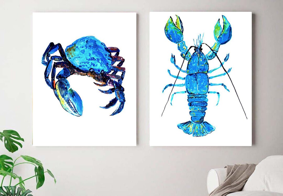 Crab Lobster Set of 2 Prints, Nautical Life, Lobster Print, Original ...