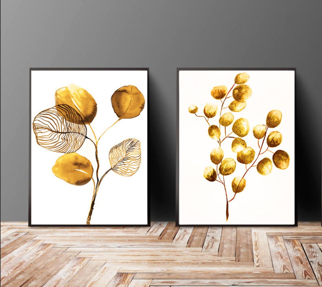 Mustard Yellow Silver Dollar Botanical Eucalyptus Print Set, Original ...