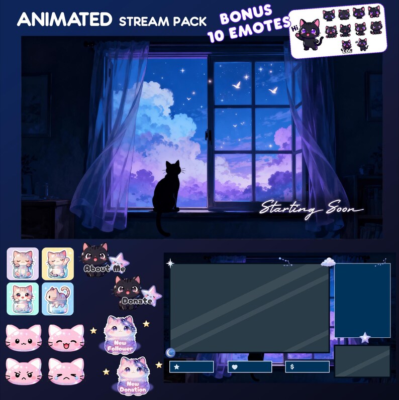 Cozy Night Cat Twitch Overlay | Aesthetic Overlay | Animated Overlay ...