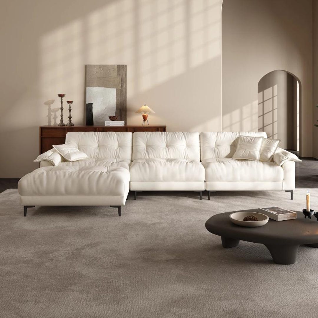 Cream Modular Sectional Sofa, Tufted 4 Seater Couch, Modern Minimalist ...