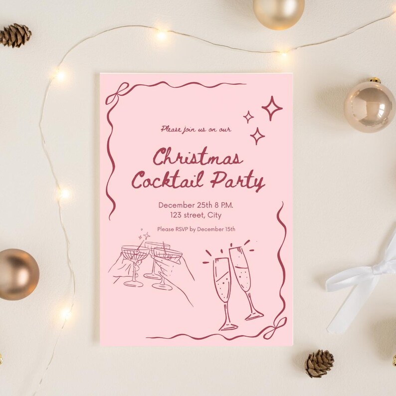 Canva Editable Christmas Invitation Template | Pink Christmas Cocktail ...