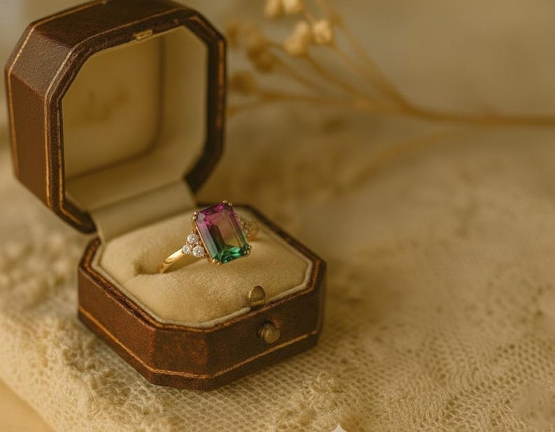 Octagon Cut Watermelon Tourmaline & Moissanite Engagement Ring ...