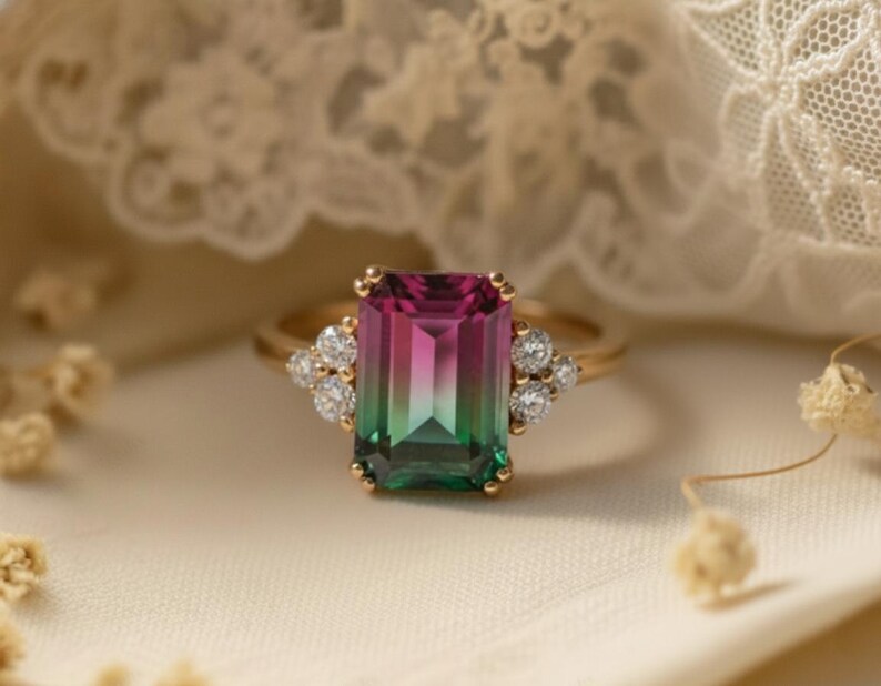 Octagon Cut Watermelon Tourmaline & Moissanite Engagement Ring ...