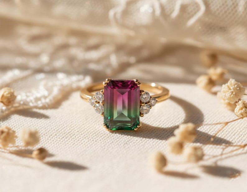 Octagon Cut Watermelon Tourmaline & Moissanite Engagement Ring ...