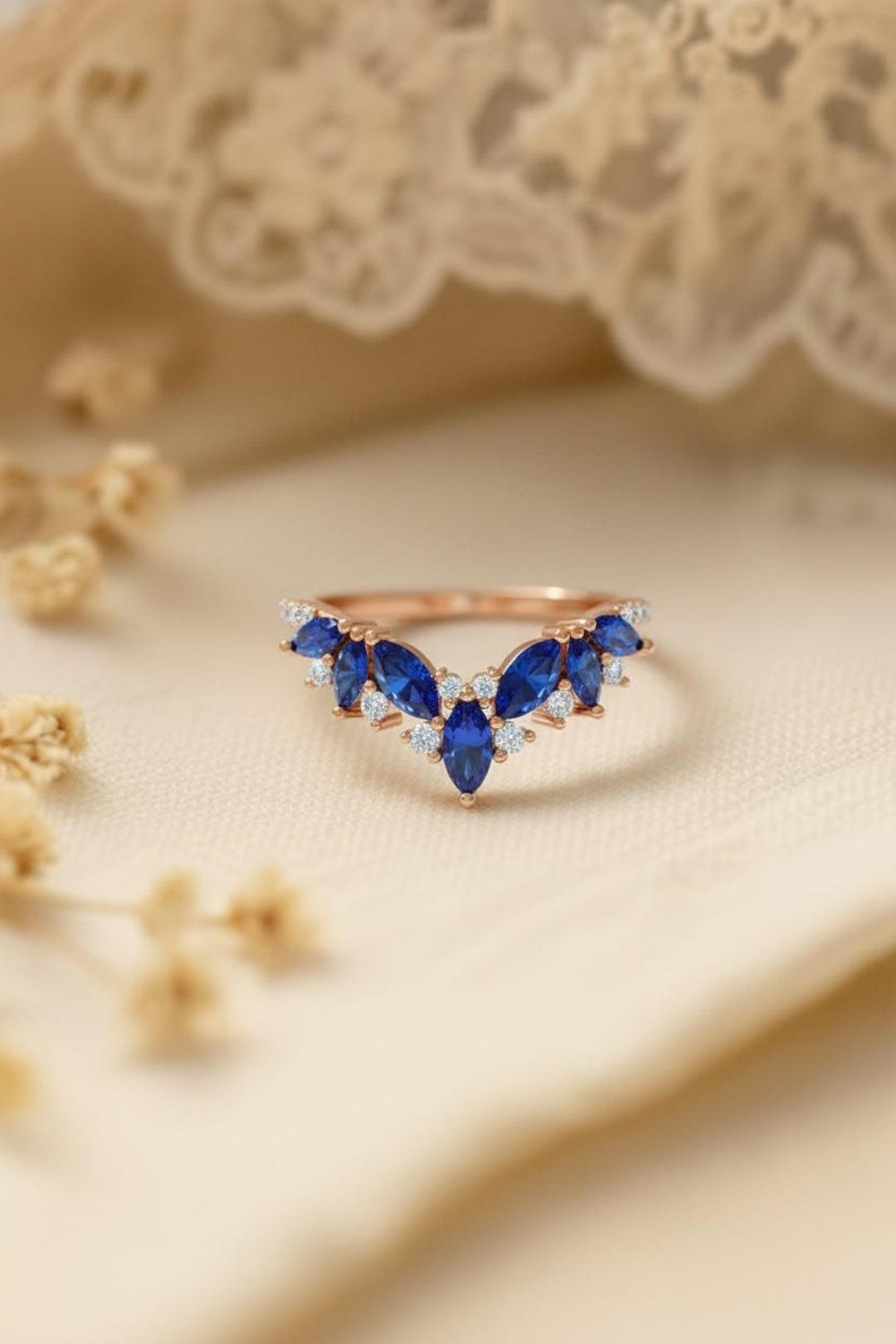 Marquise Cut Blue Sapphire & Moissanite Chevron Band Ring, Sapphire ...