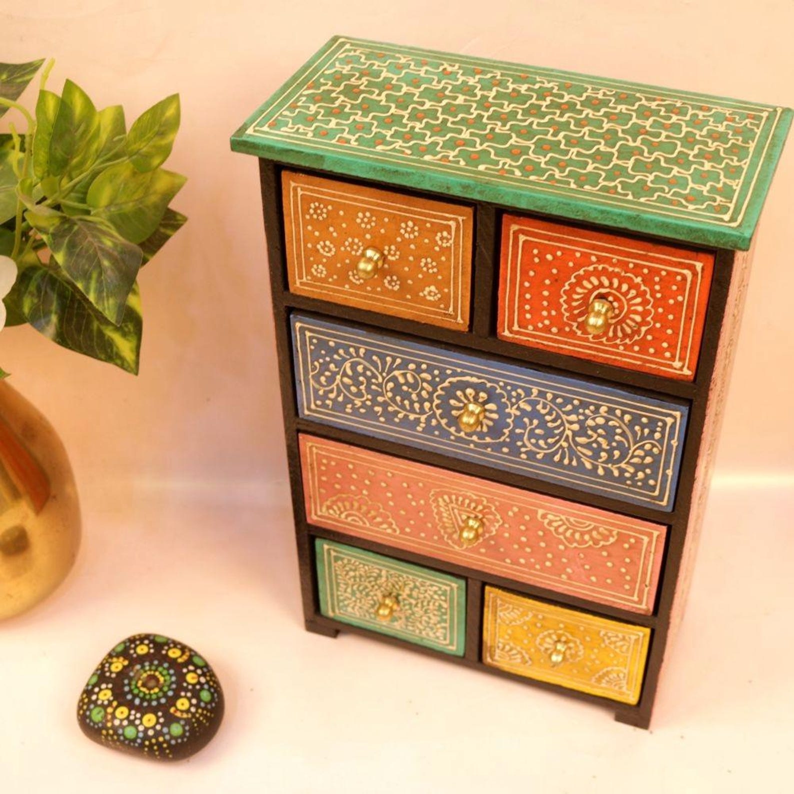 Hand Painted Wooden Almari | Indian Mini Drawer Chest | Boho Jewelry ...