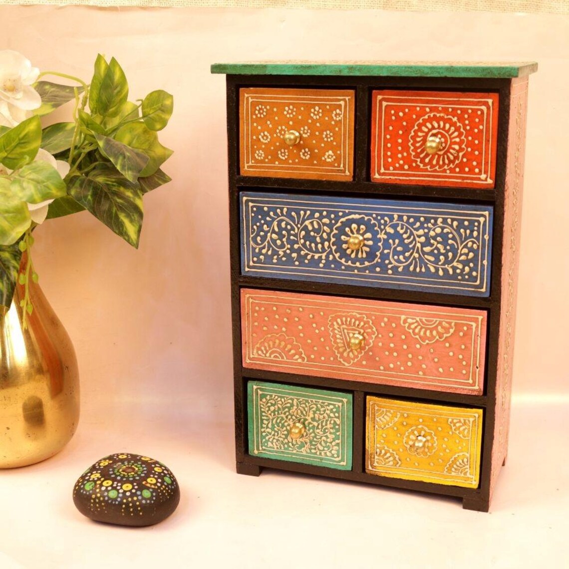 Hand Painted Wooden Almari | Indian Mini Drawer Chest | Boho Jewelry ...
