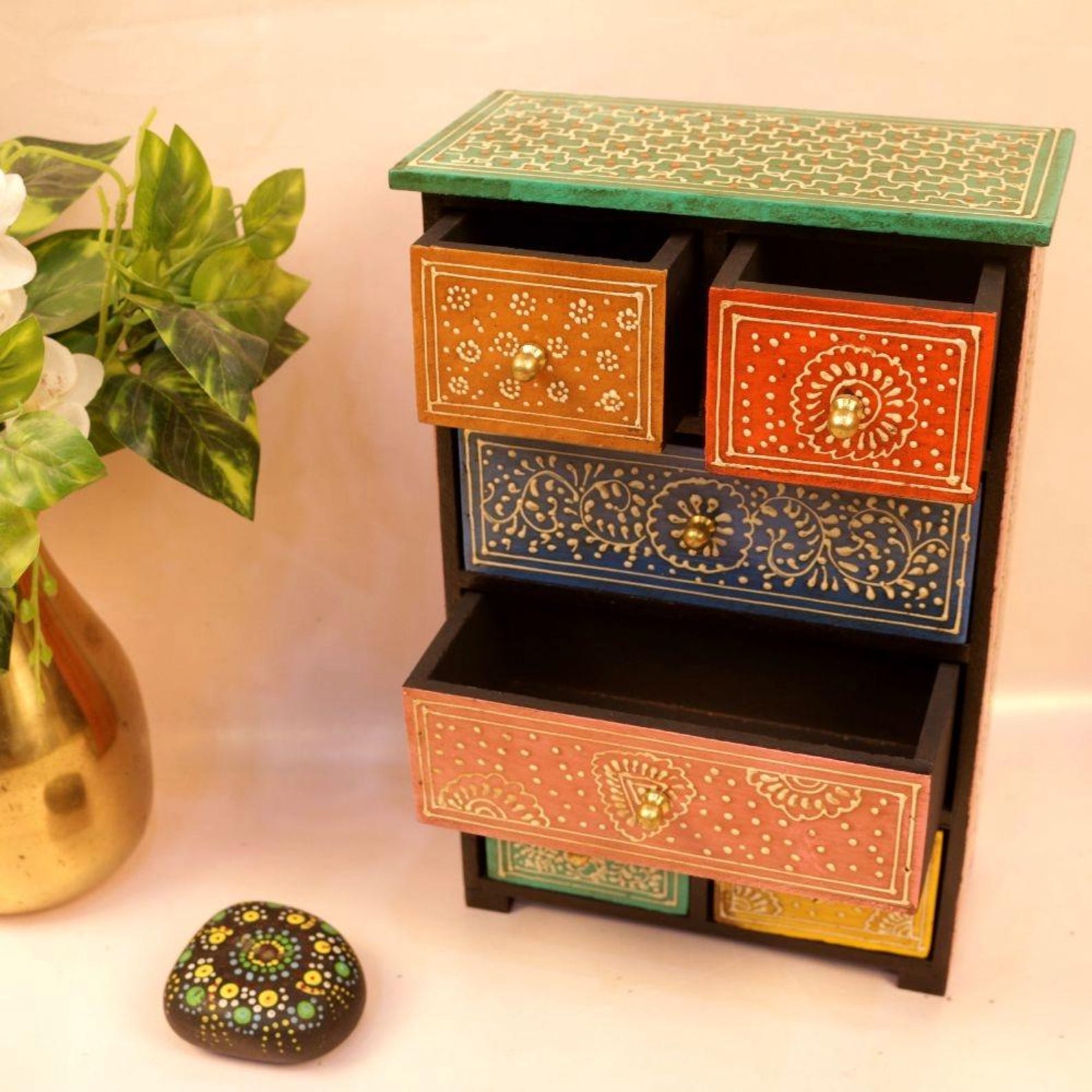 Hand Painted Wooden Almari | Indian Mini Drawer Chest | Boho Jewelry ...