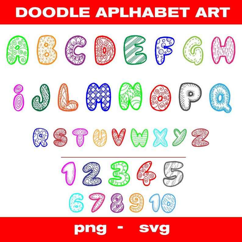 Colorful Doodle Alphabet PNG SVG , Transparent Clip Art, Digital ...