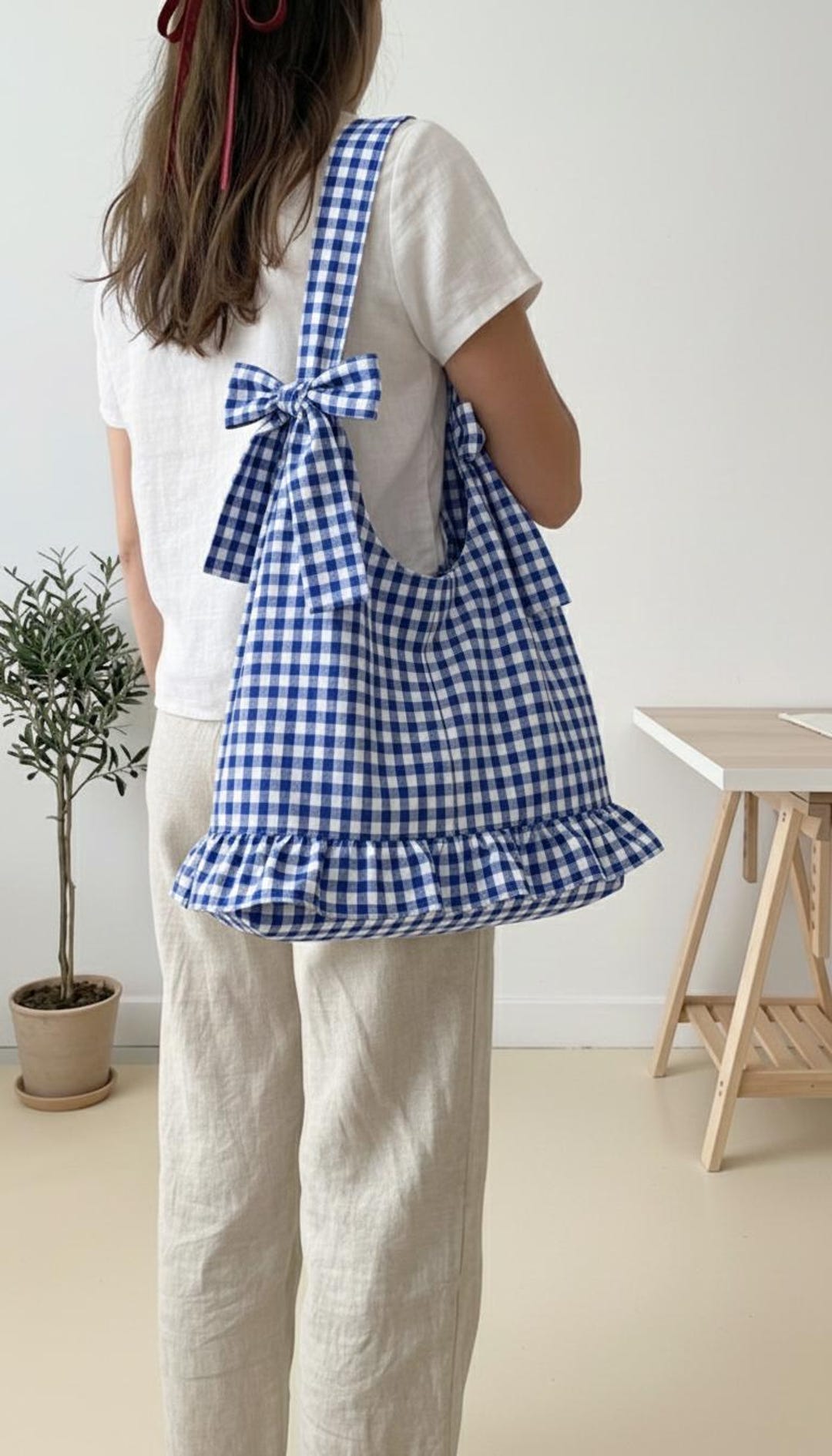 Slouchy Bow Bag Sewing Pattern PDF, Ruffle Hem Gingham Tote Guide ...