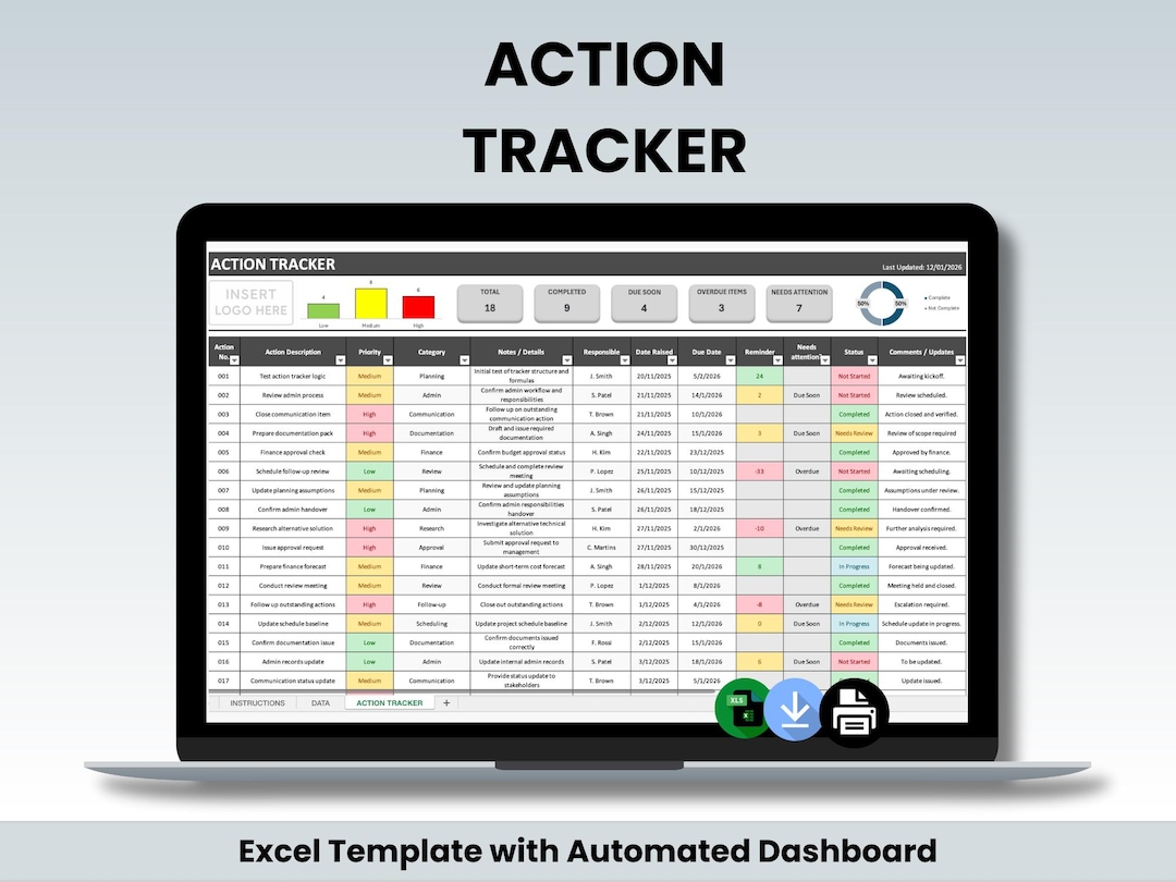 Action Tracker Excel Template With Automated Task, Priority & Due Date ...