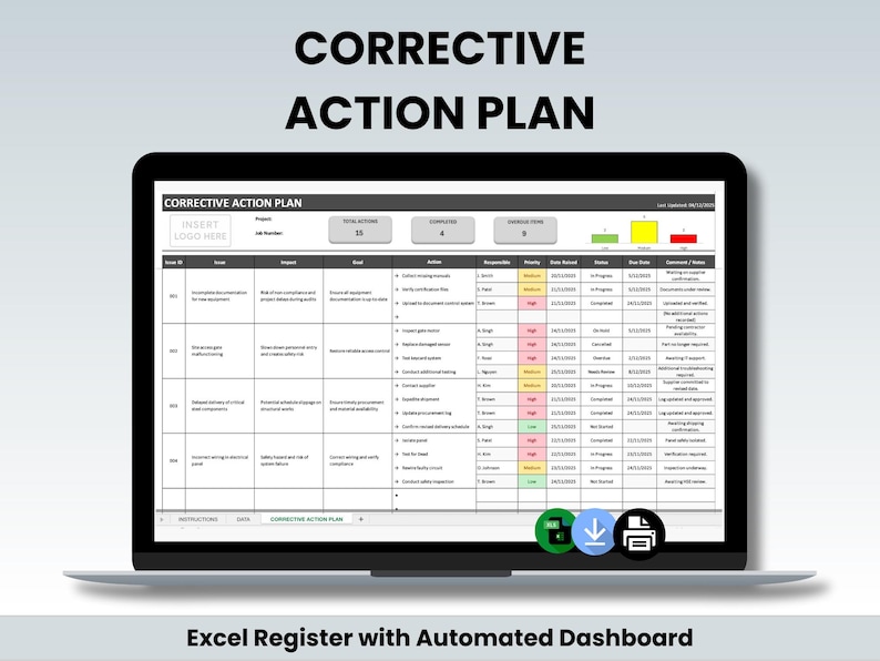 Corrective Action Plan – Excel Template | Action Register + Dashboard ...
