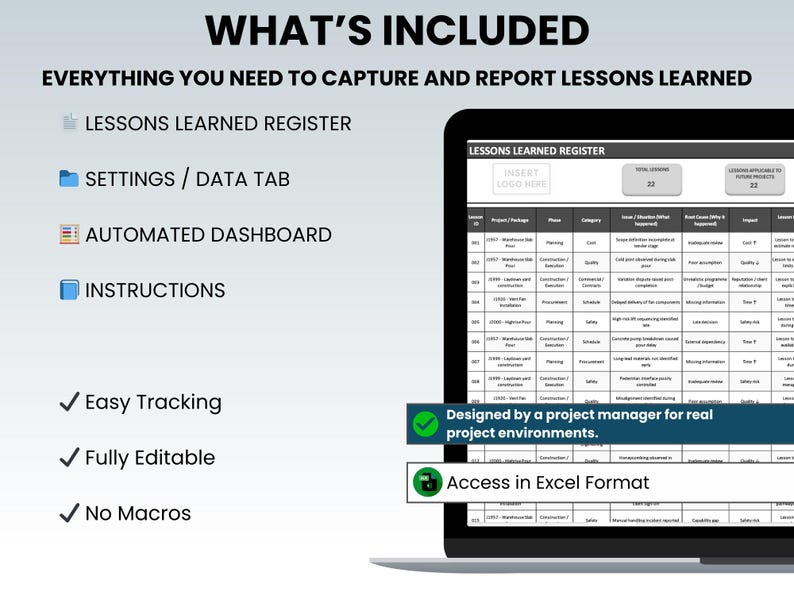 Lessons Learned Tracker Excel Template | Construction Register / Log ...