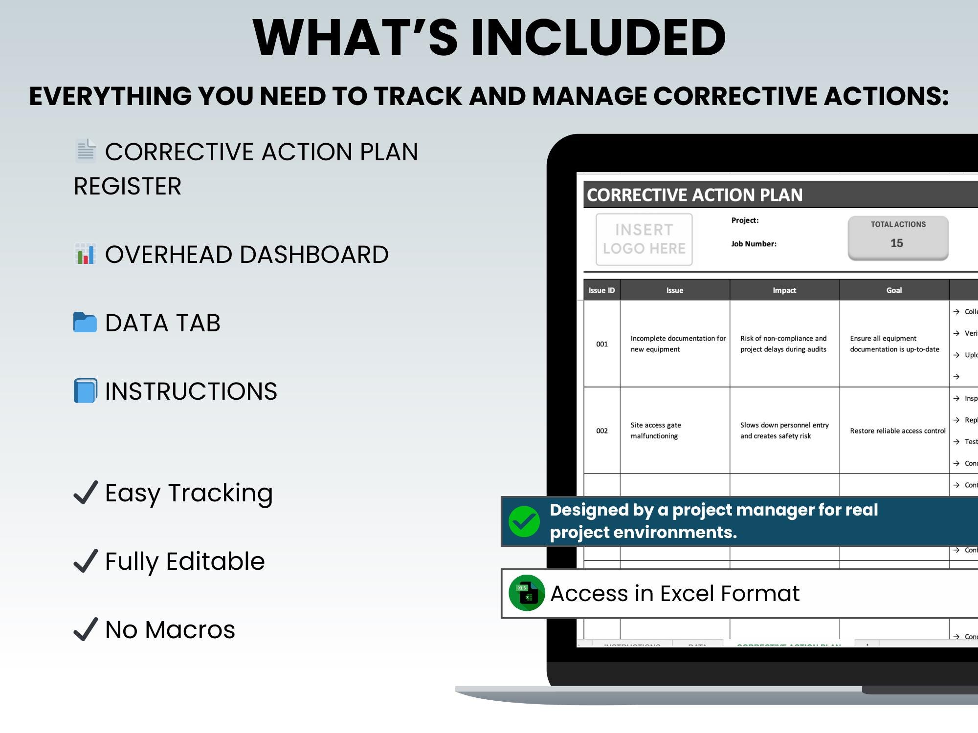 Corrective Action Plan – Excel Template | Action Register + Dashboard ...