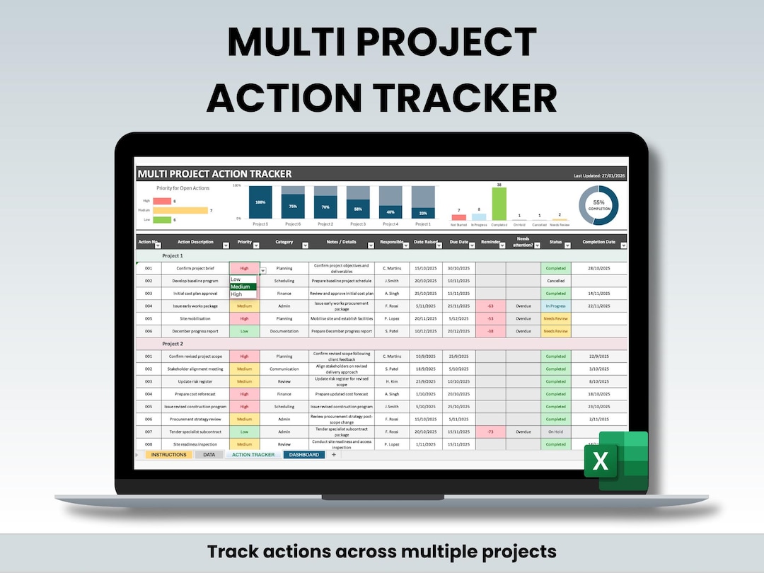 Multi Project Action Tracker | Simple Excel Task Register (digital ...