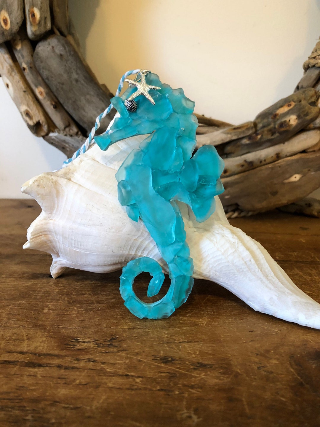 Aqua Faux Beach Glass Seahorse Ornament, Starfish Charm - Etsy