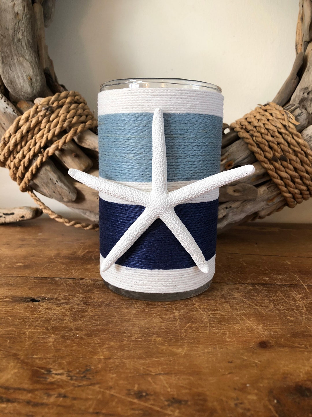 Blue and Navy Jute Wrapped Nautical Candle Holder With Pencil Starfish ...