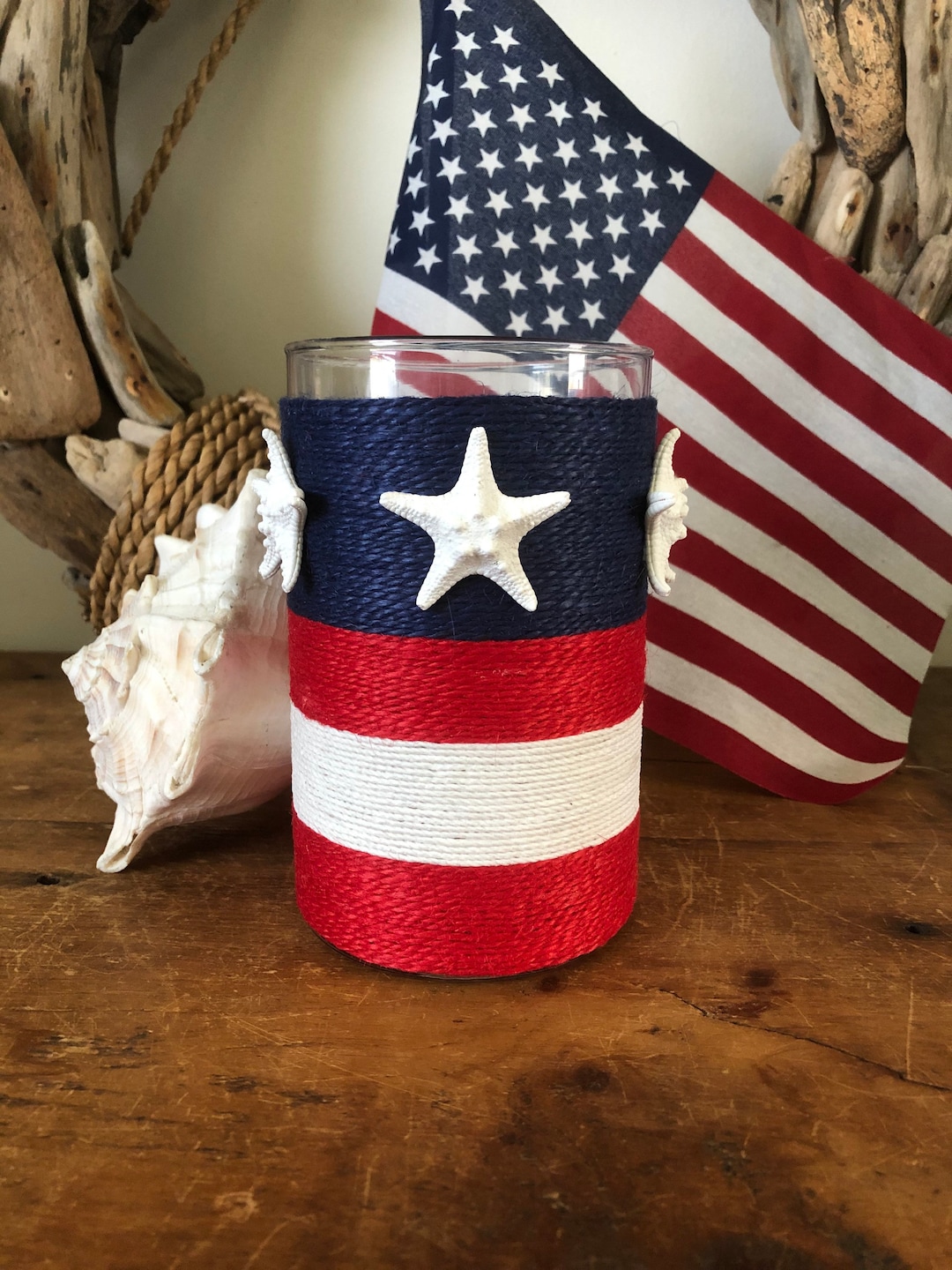 Patriotic Beach Decor Candle Holder With Knobby Starfish, July 4th ...