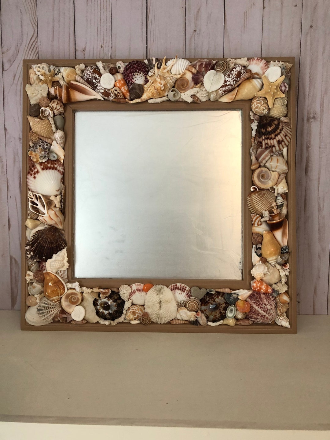 Washed Ashore Square Hand Painted Seashell Mirror, Seashell Decor ...