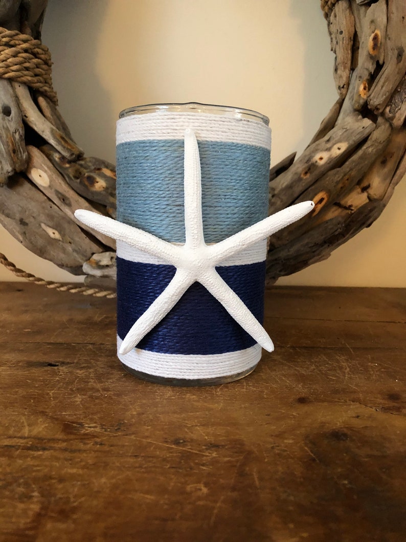 Blue and Navy Jute Wrapped Nautical Candle Holder With Pencil - Etsy