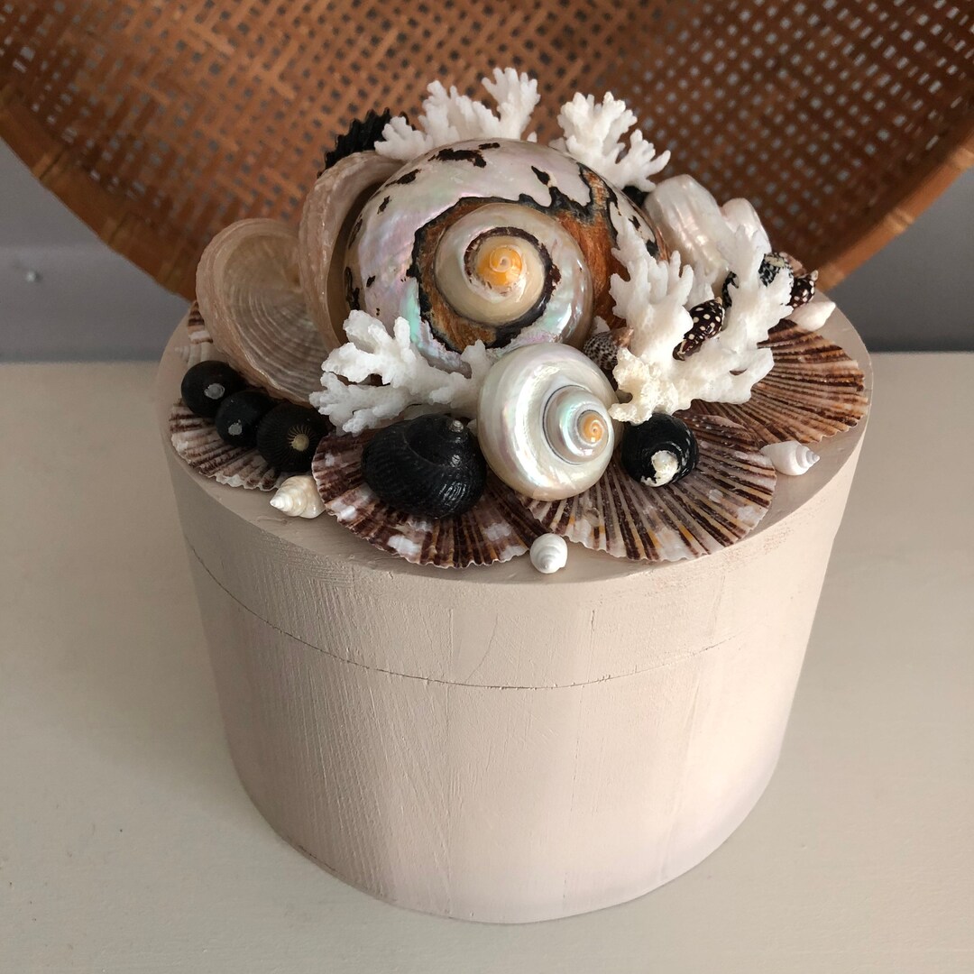 Seashell Topped Round Jewelry Box, Seashell Trinket Box, Beach Decor ...