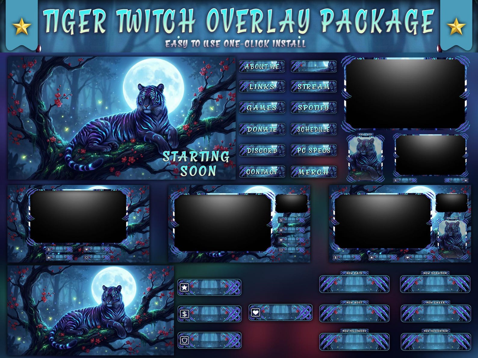 Animated Blue Tiger Twitch Overlay | Mystical Moon Sakura Theme | Full ...