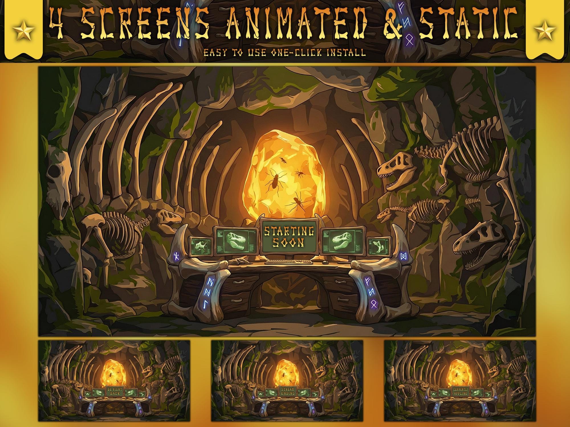 Animated Dinosaur Twitch Overlay - Prehistoric Cave & Amber Theme ...