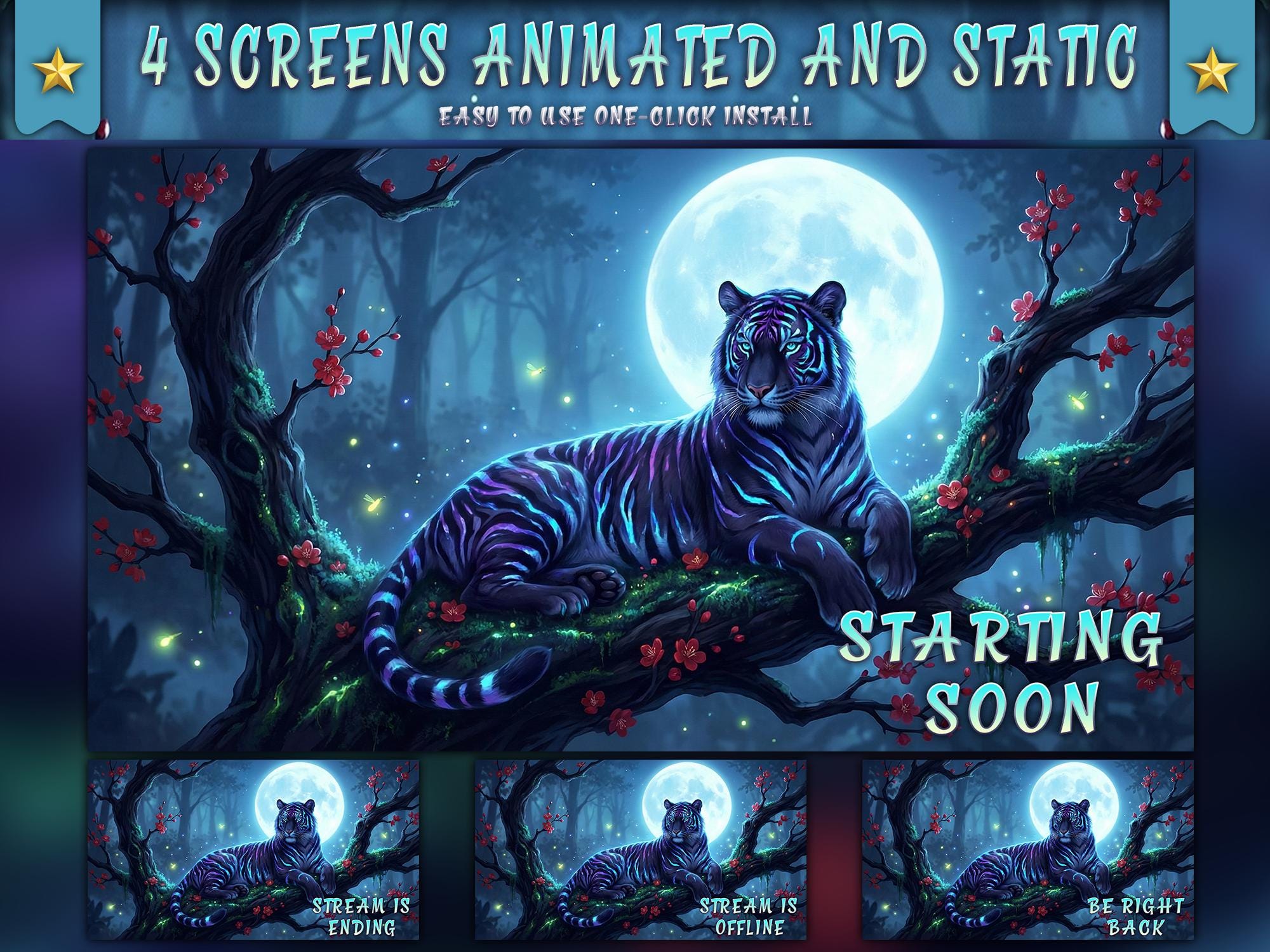 Animated Blue Tiger Twitch Overlay | Mystical Moon Sakura Theme | Full ...
