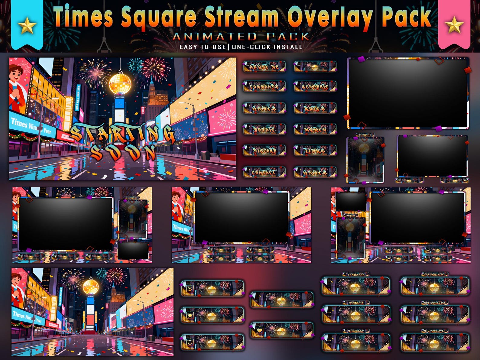 Times Square New Year Stream Overlay Pack | Animated Twitch Screens ...