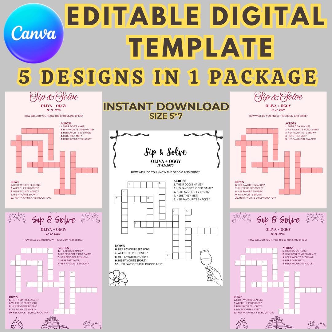 Wedding Crossword Puzzle – Editable Guest Game, Sip & Solve (digital ...
