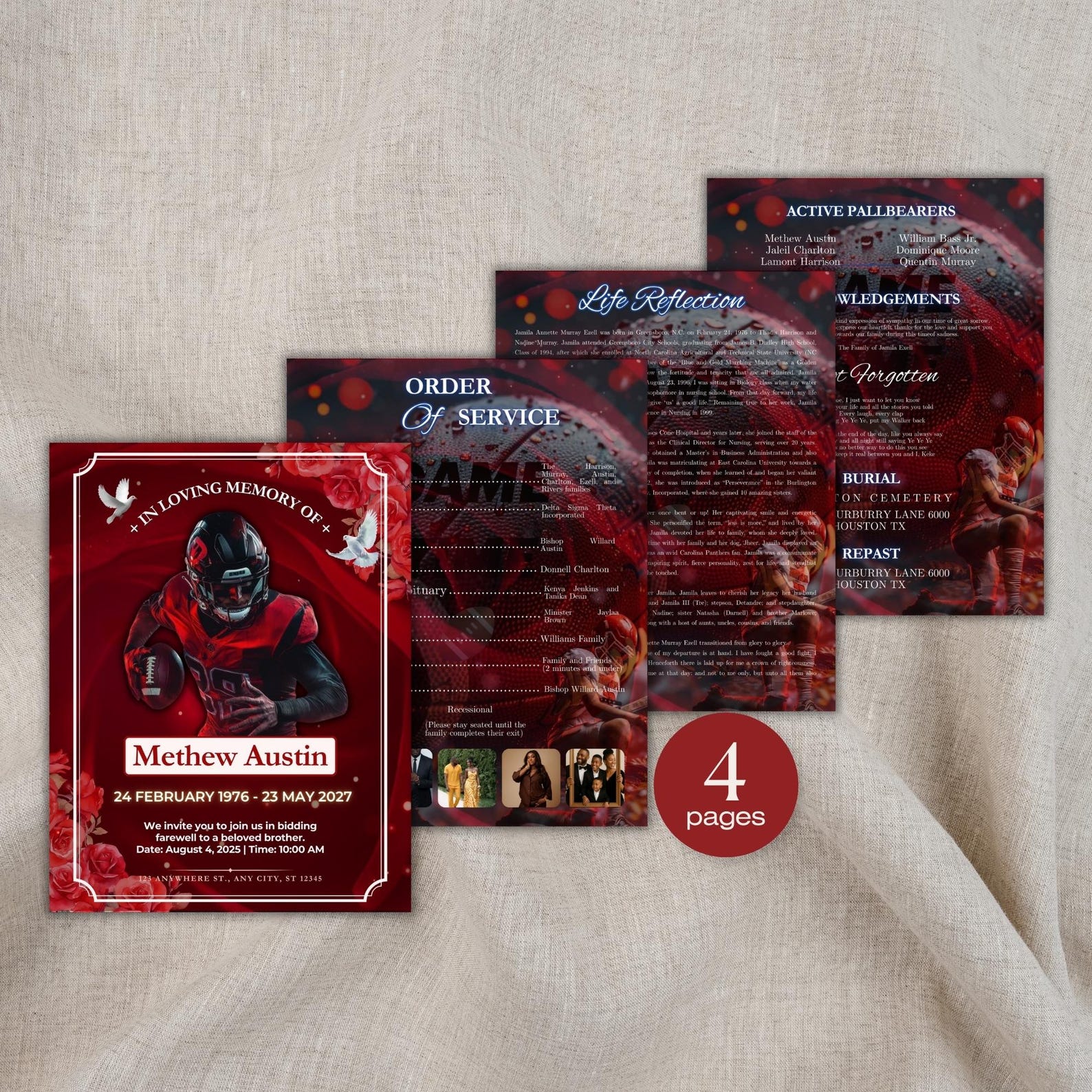 Red Football Memorial Program Template, Sports Obituary (17x11, Digital ...