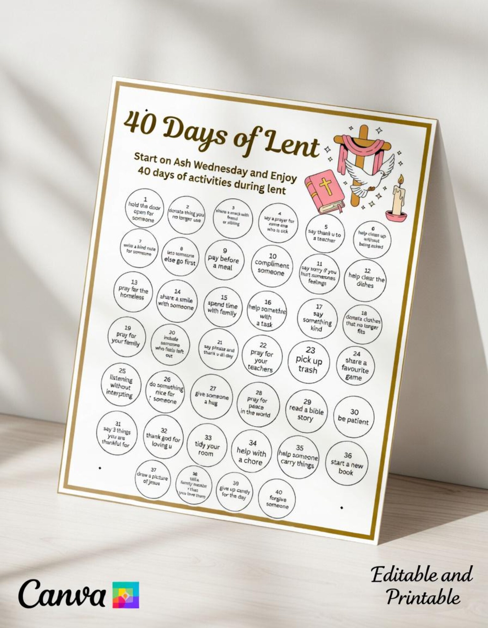 40 Days of Lent Countdown Calendar, Kids Lenten Activity (digital ...
