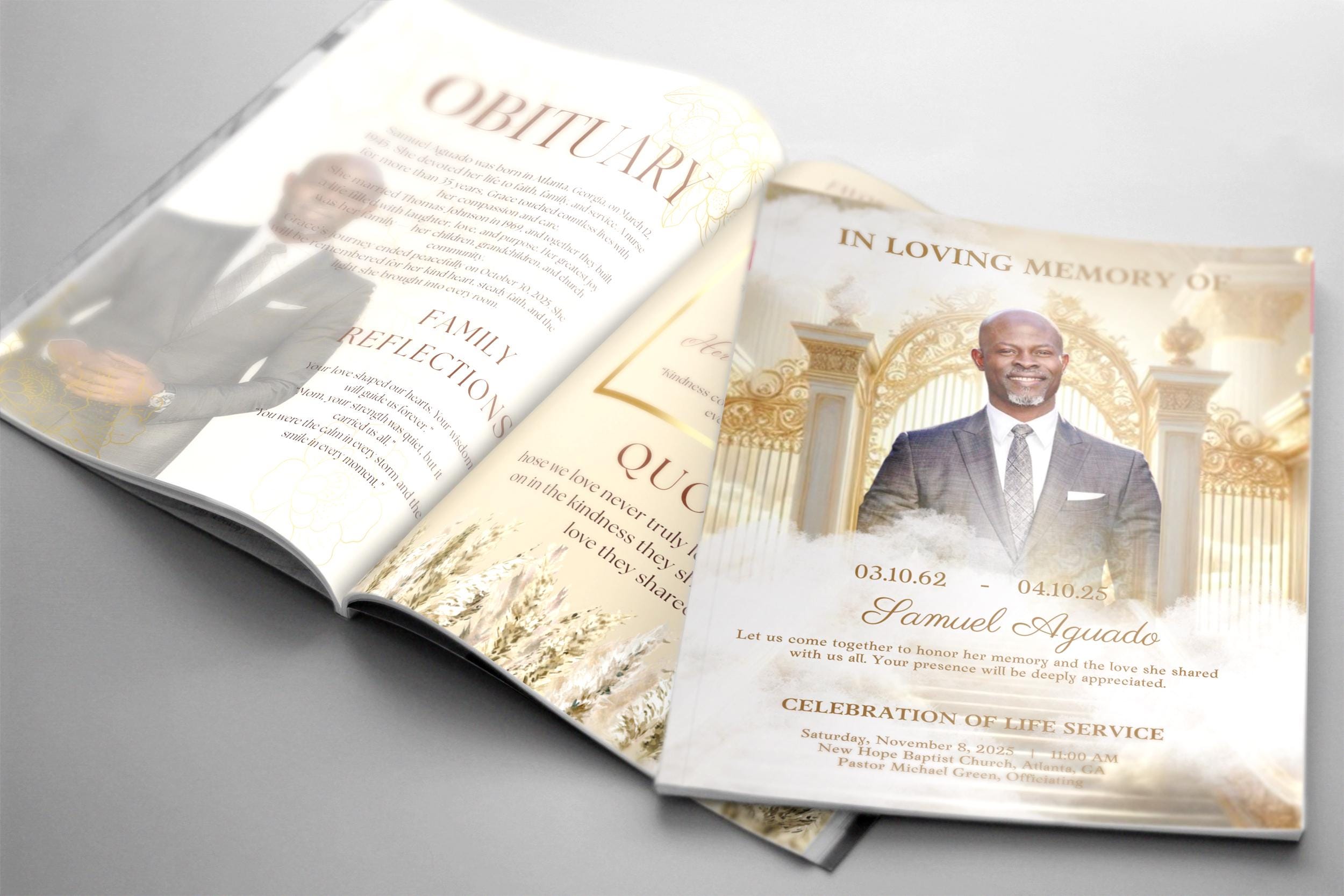 White and Gold Funeral Program Canva Template (8.5x11) (digital ...
