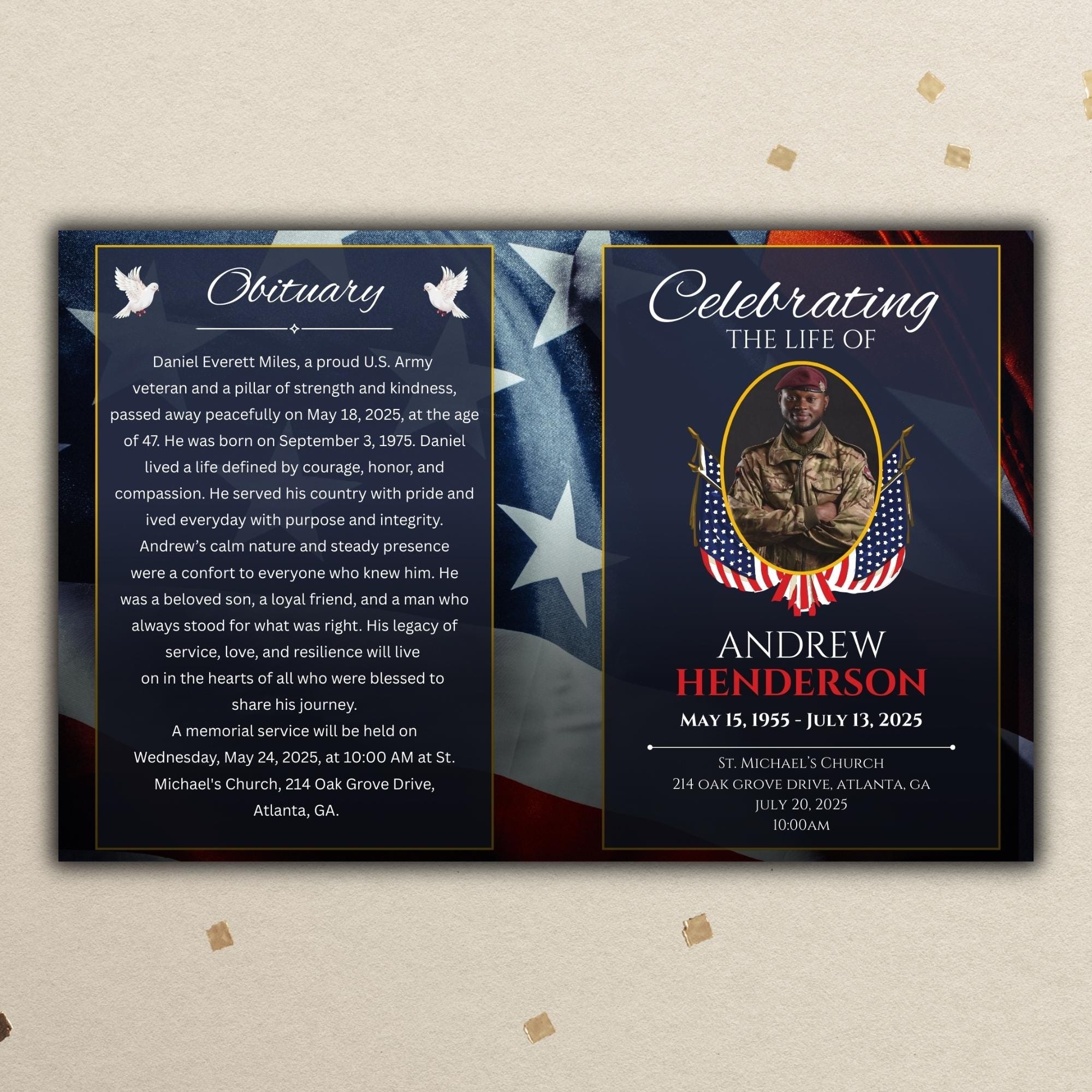 Military Veteran Funeral Program, Patriotic Memorial (canva Template ...