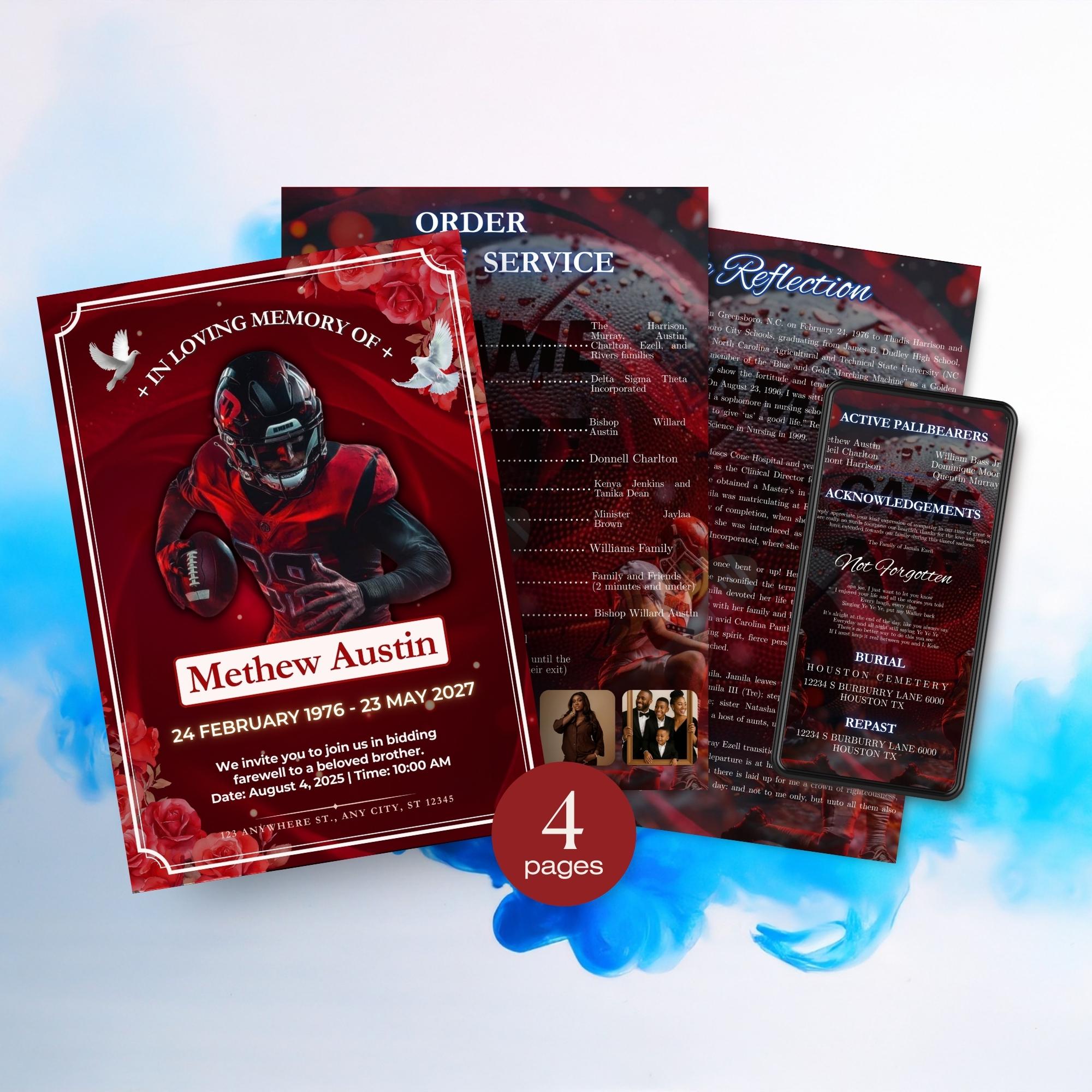 Red Football Memorial Program Template, Sports Obituary (17x11, Digital ...