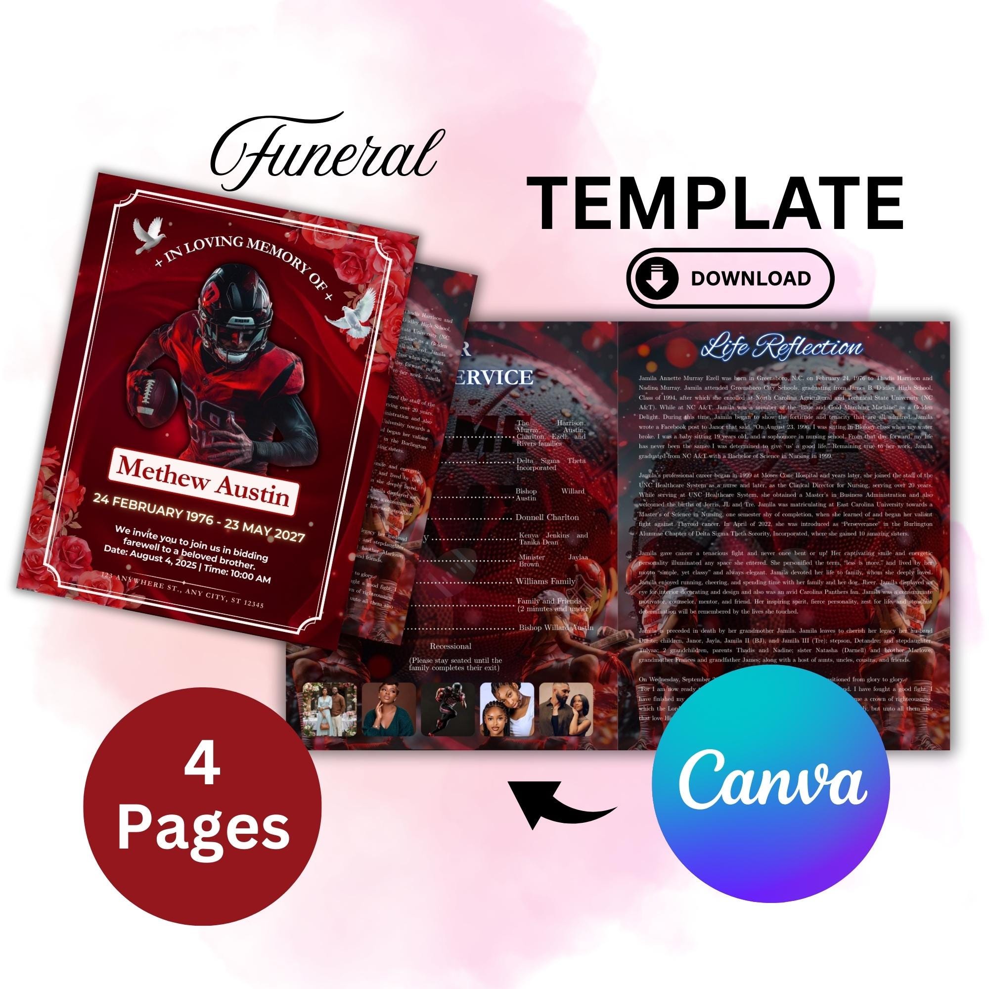 Red Football Memorial Program Template, Sports Obituary (17x11, Digital ...