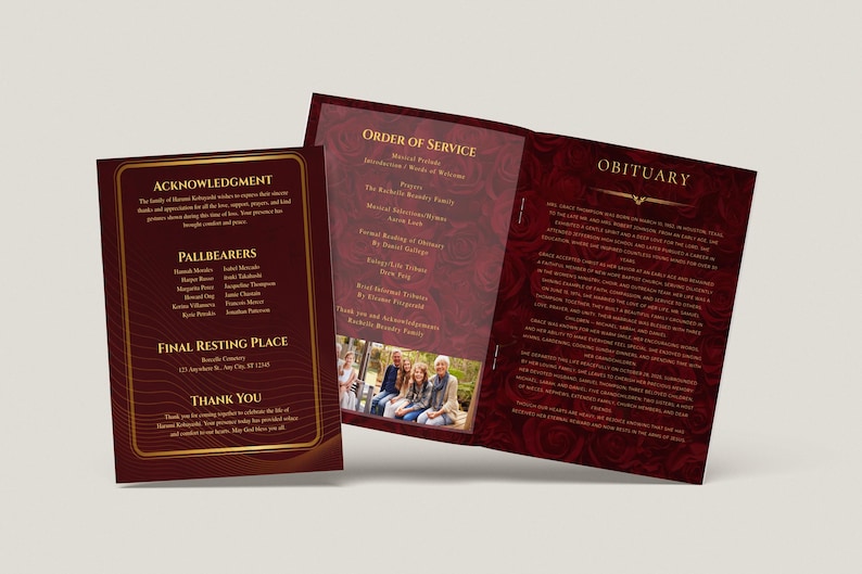 Red Roses Funeral Program Template, Celebration of Life, Canva Editable ...
