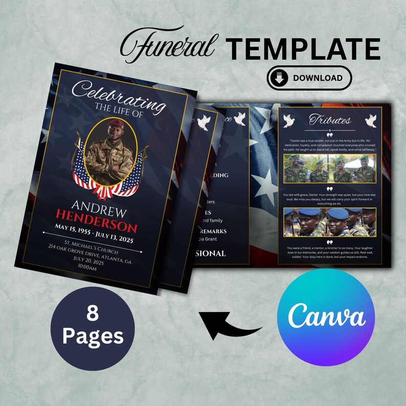 Military Veteran Funeral Program, Patriotic Memorial (canva Template ...