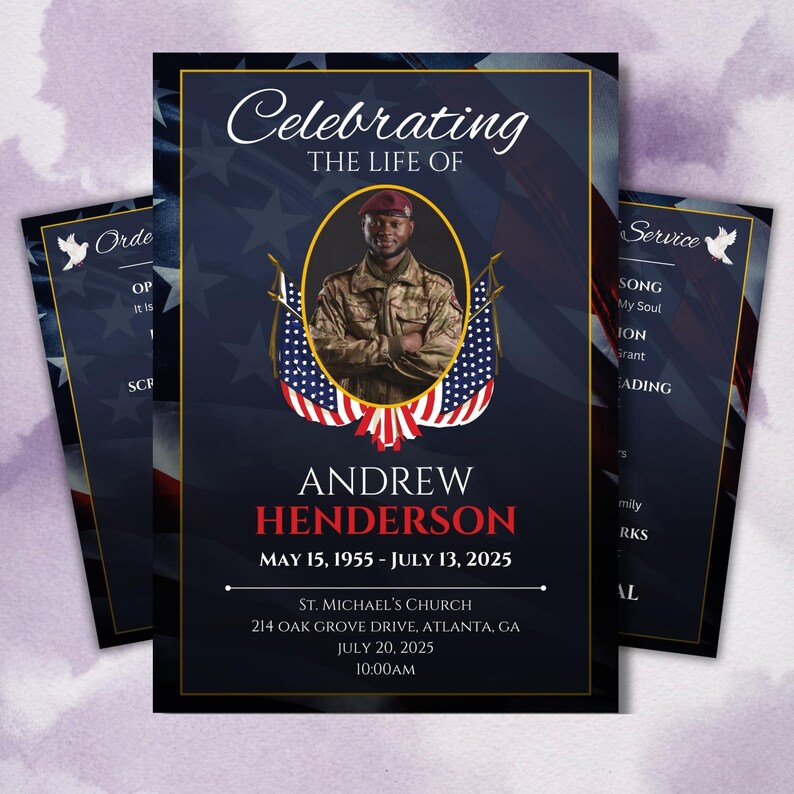 Military Veteran Funeral Program, Patriotic Memorial (canva Template ...