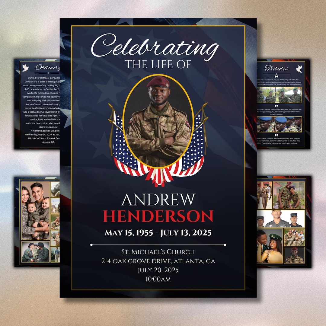 Military Veteran Funeral Program, Patriotic Memorial (canva Template ...