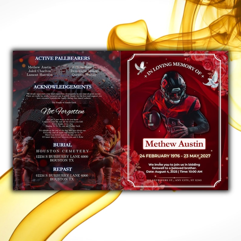 Red Football Memorial Program Template, Sports Obituary (17x11, Digital ...