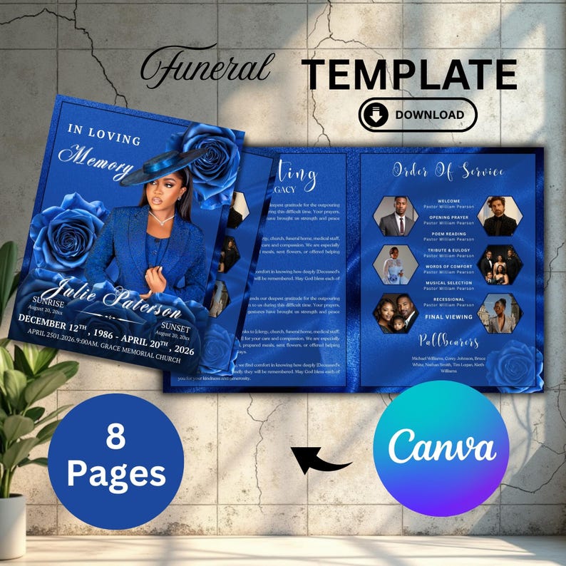 Royal Blue Roses Funeral Program Template, 8-page Memorial Bi-fold ...