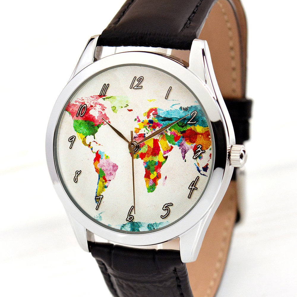 Map Watch Watercolor Art World Map Watch Traveler Gift | Etsy